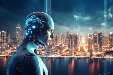 3d рендеринг гуманоидного робота думающего на офисном фоне Премиум Фото