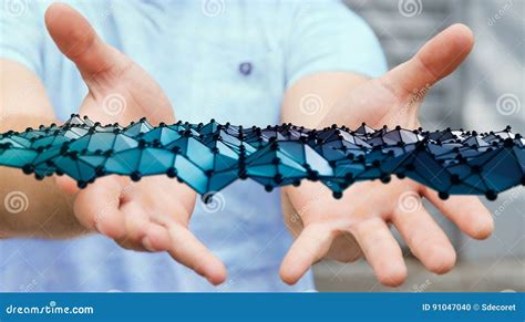 Businessman Holding Abstract Wave Connection With Dots And Lines Stock Illustration