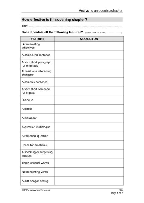 Analysing An Opening Chapter Summary Grids Ks3 4 English Teachit