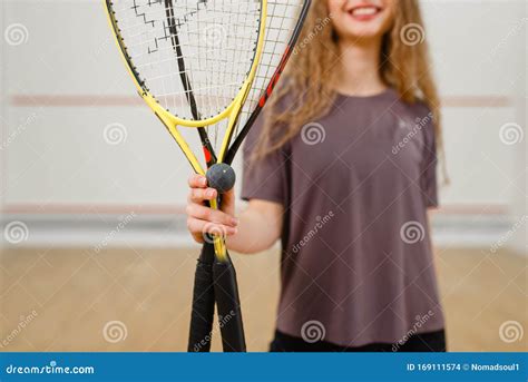 Female Person Shows Squash Racket And Ball Stock Photo Image Of Play Line