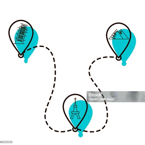 세계의 다른 유명한 장소와 여행의 경로 이동의 물류 위치 간의 연결입니다 점선이 있는 아이콘입니다 디자인 요소입니다 벡터 그림입니다 0명에 대한 스톡 벡터 아트 및 기타