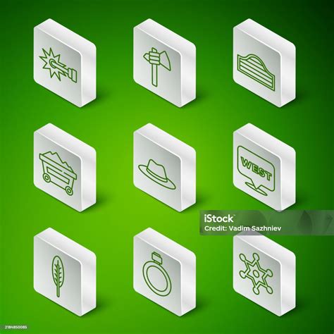 세트 라인 헥사그램 보안관 수통 물병 박차 서부 카우보이 모자 석탄 광산 트롤리 토마호크 도끼 인디언 깃털 및 와일드 웨스트 아이콘에 포인터 벡터 0명에 대한 스톡 벡터