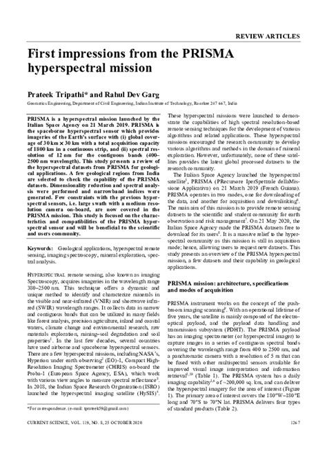 Pdf First Impressions From The Prisma Hyperspectral Mission