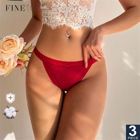Finetoo 3pcsset Sexy Thongs Low Rise Lace G String Panties Women