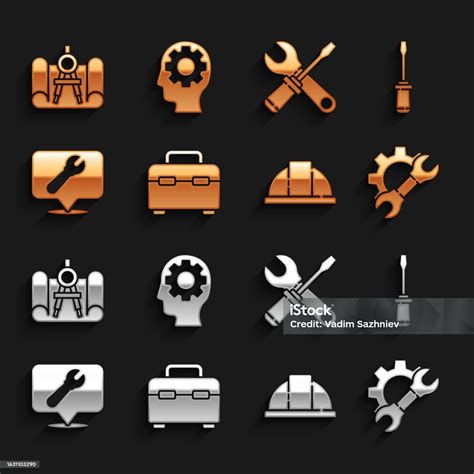 도구 상자 스크루 드라이버 렌치 스패너 및 기어 작업자 안전 헬멧 렌치가있는 위치 그래프 종이 나침반 및 사람 머리 내부