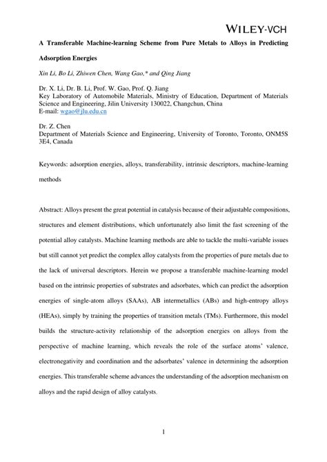 Pdf A Transferable Machine Learning Scheme From Pure Metals To Alloys In Predicting Adsorption