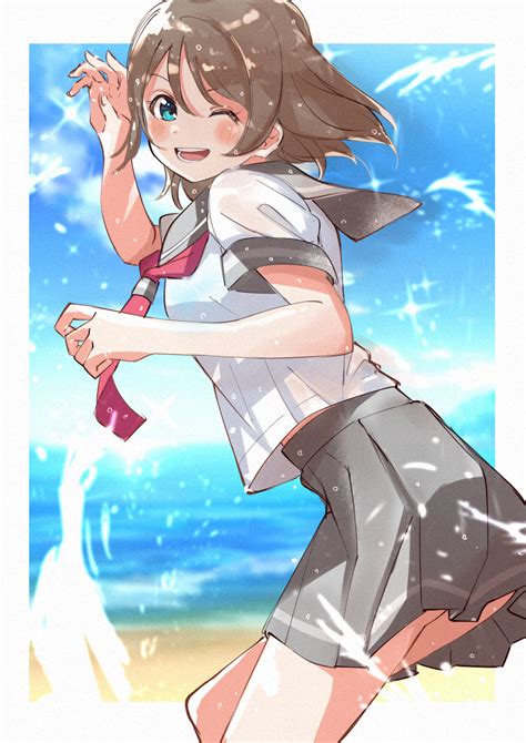 Safebooru 1girl Ass Beach Blue Eyes Blush Border Brown Hair Grey