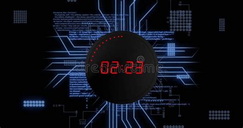 Image Of Digital Data Processing With Countdown Over Circuit Board On Black Background Stock