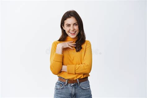 Happy Confident Woman Laughing Touching Chest And Pointing At Herself Self Appreciation Gesture