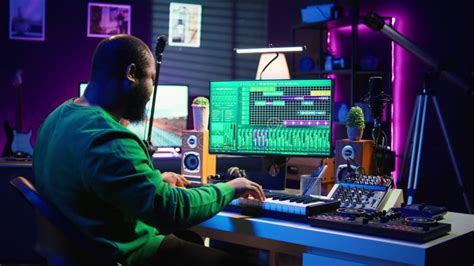 Artist Playing Piano Electronic Keyboard And Recording New Sounds Stock
