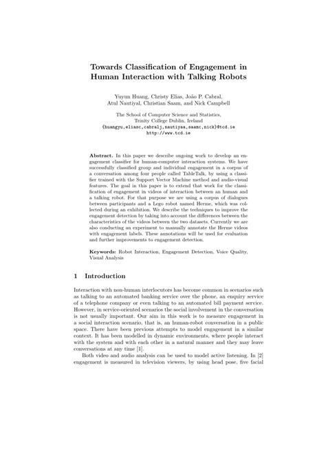 Pdf Towards Classification Of Engagement In Human Interaction With Talking Robots