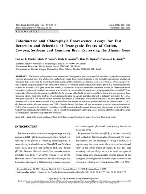 Pdf Colorimetric And Chlorophyll Fluorescence Assays For Fast Detection And Selection Of