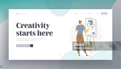 이 젤 방문 페이지에 화려한 팔레트와 남성 화가 예술가 캐릭터 그림 페인트와 브러시로 그리는 남자 페인트 브러시 웹 배너를 가진 사람 벡터 평면 만화 일러스트 공예에 대한