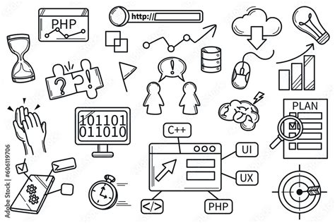 Hackathon Doodle Set Hand Drawn Icons Collection Of Programming Brainstorm And Generation