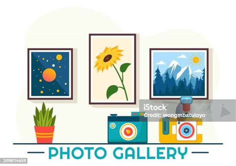 사진 갤러리 벡터 일러스트 레이 션 박물관 방문자 보기 전시회 현대 추상 회화 및 현대 사진 평면 배경 개체 그룹에 대한 스톡 벡터 아트 및 기타 이미지 Istock