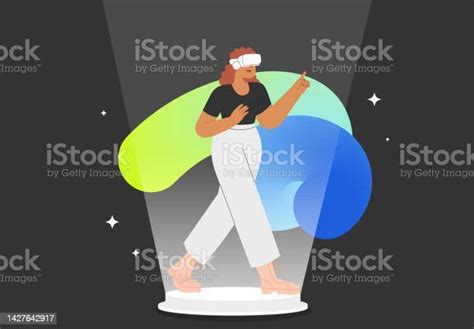 가상 현실 안경을 착용하고 상호 작용하고 가상 세계를 만드는 여성과의 평면 벡터 일러스트레이션 미래 혁신의 개념 가상현실에 대한 스톡 벡터 아트 및 기타 이미지 Istock