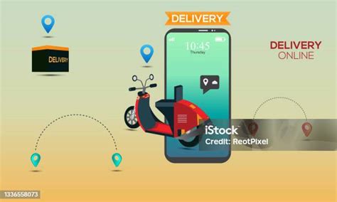 휴대 전화에 스쿠터로 빠른 온라인 배달 패키지 전자 상거래 성공 위치 추적의 조명 식품 주문 배달 개념 3차원 형태에 대한 스톡 벡터 아트 및 기타 이미지 Istock