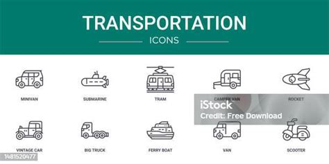 미니 밴 잠수함 트램 캠핑카 밴 로켓 빈티지 자동차 보고서 프리젠 테이션 다이어그램 웹 디자인 모바일 앱을위한 대형 트럭 벡터 아이콘과 같은 10 개의 개요 웹 교통 아이콘