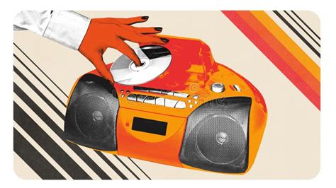 Orange Stereo System With Hand Placing Cd On Open Tray Against Retro