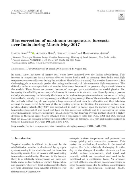 Full Article Bias Correction Of Maximum Temperature Forecasts Over India During March May 2017