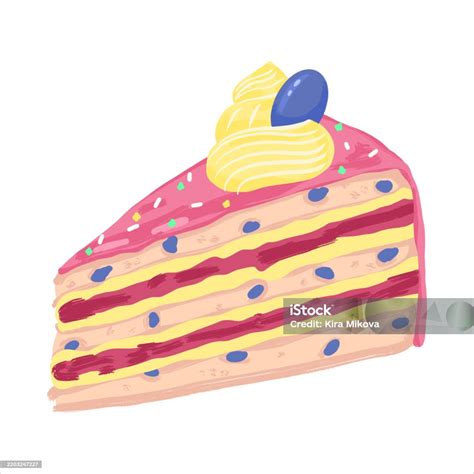 파란 건포도 잼 크림을 곁들인 생일 케이크의 만화 조각 파이 한 조각 손으로 그린 평면 벡터 그림은 흰색 배경에 고립되어 있습니다 개체 그룹에 대한 스톡 벡터 아트 및 기타