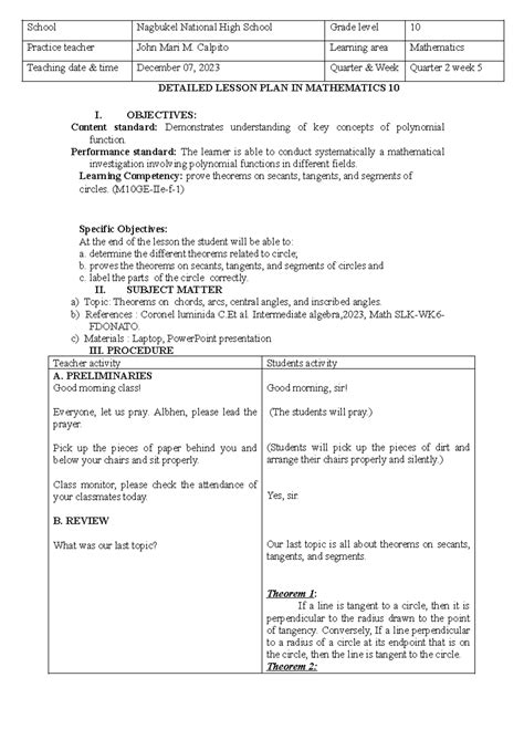 Theorems Segment 2 Detailed Lesson Plan In Mathematics 10 I Objectives Content Standard