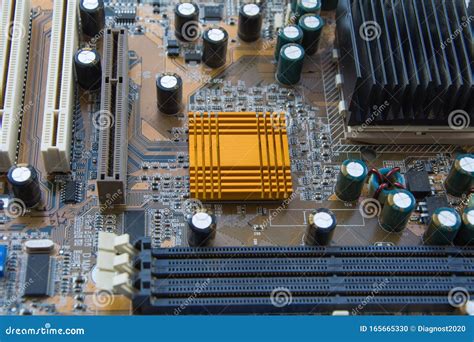 CPU Socket On Motherboard Computer With Installed A Processor And Radiator Cooling Or Heat Sink