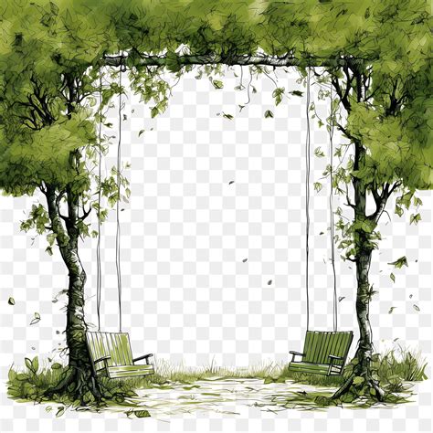 Premium Psd Psd Sketch Style Square Frame With Trees Hammocks And Swing Deco 2d Frame Design