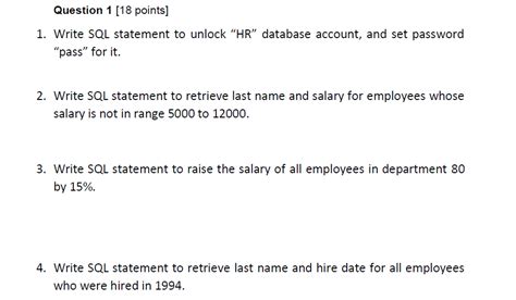 Solved Question 1 18 Points 1 Write Sql Statement To