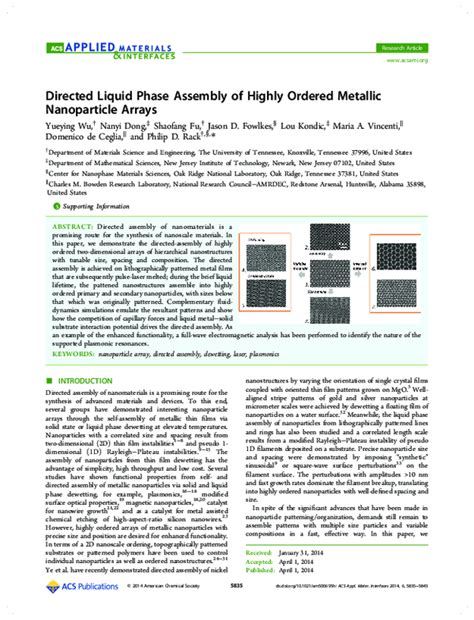 Pdf Directed Liquid Phase Assembly Of Highly Ordered Metallic Nanoparticle Arrays