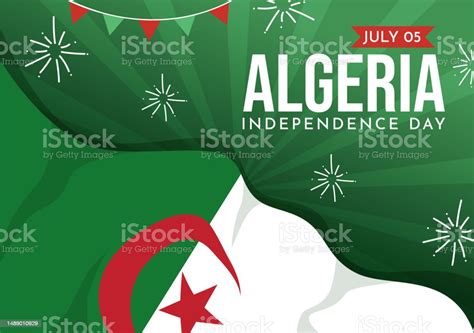 행복한 알제리 독립 기념일 벡터 일러스트레이션 플랫 만화 손으로 그린 랜딩 페이지 녹색 배경 템플릿에 깃발을 흔들고 0명에 대한 스톡 벡터 아트 및 기타 이미지 Istock