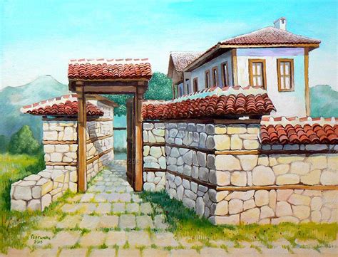 Възрожденска къща маслена картина Картина с маслени бои 42 Cm 34 Cm Хартия Мартин Гергин