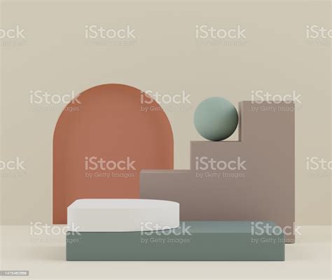 지구 색조 색상 테마가 있는 흰색 빈 연단의 최소 장면의 3d 렌더링 제품 프리젠 테이션 모형 및 화장품 광고를위한 디스플레이 스탠드 실린더 스테이지는 심플한 디자인의 장식