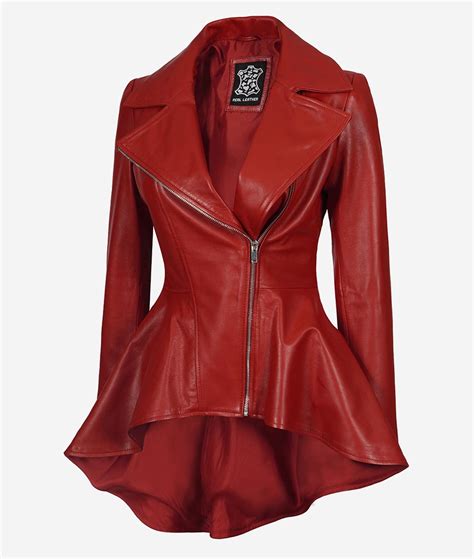 Red Leather Peplum Jacket Womens