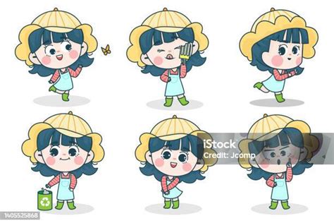 얼굴 표정과 손 포즈가 다른 젊은 똑똑한 소녀 캐릭터 얼굴 표정 플랫 벡터 일러스트 레이 션 먹기에 대한 스톡 벡터 아트 및 기타 이미지 Istock