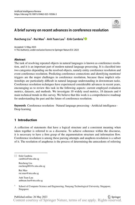A Brief Survey On Recent Advances In Coreference Resolution Request Pdf