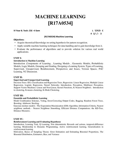 Ml Lecture Notes 1 7 MACHINE LEARNING R17A0534 IV Year B Tech CSE II Sem L T P D C 4 1