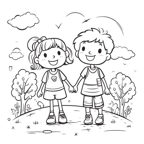 푸른 하늘 색칠 페이지 개요 스케치 드로잉에 손을 가진 아이의 쌍 벡터 대조 그림 대비 개요 대비 스케치 Png 일러스트 및 벡터 에 대한 무료 다운로드 Pngtree