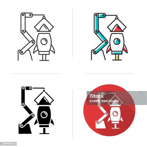항공 우주 산업 아이콘입니다 항공 부문 우주선 건설 및 발사 준비 로켓 조립 미사일 건물 플랫 디자인 선형 및 색상 스타일 격리된 벡터 일러스트레이션 개념에 대한 스톡 벡터