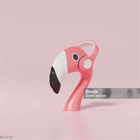 플라밍고 풍선 머리와 헤드폰 여름 최소한의 개념 3d 렌더링 헤드폰에 대한 스톡 사진 및 기타 이미지 헤드폰 홍학 유머