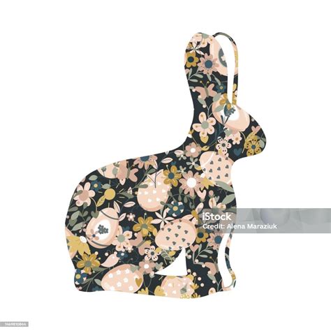 꽃 가지 곤충이 있는 부활절 토끼는 봄의 상징을 장식합니다 원활한 꽃 무늬를 가진 토끼 흰색 배경에 격리 조디악 2023 카드 엽서 초대장 0명에 대한 스톡 벡터 아트 및