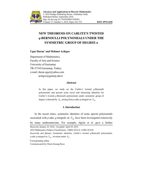 Pdf New Theorems On Carlitzs Twisted Q Bernoulli Polynomials Under The Symmetric Group Of