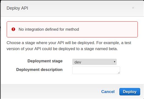 Amazon Web Services No Integration Defined For Method Choose A Stage Where Your API Will Be