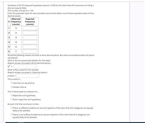 Solved Goodness Of Fit Chi Squared Hypothesis Test α 0 05