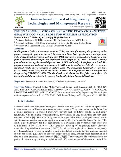 Pdf Design And Simulation Of Dielectric Resonator Antenna Dra With Co Axial Probe For