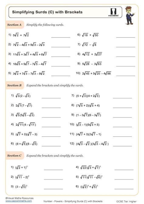 Simplifying Surds With Brackets C Worksheet Printable Pdf Worksheets