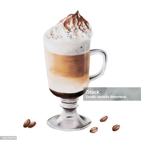 수채화 푹신한 거품 라떼 그림 커피가 있는 유리 컵에 커피가 있습니다 흰색 고립된 배경에 손으로 그림을 그립니다 디자이너 메뉴