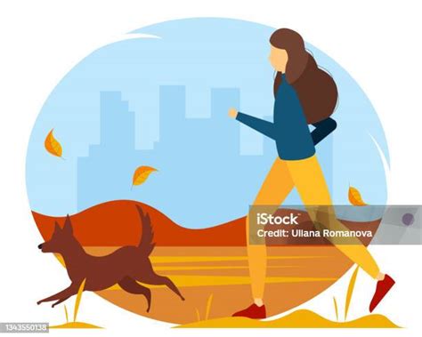 가을에 공원에서 개와 함께 달리는 여성 플랫 스타일로 귀여운 벡터 일러스트 가을에 대한 스톡 벡터 아트 및 기타 이미지 가을 개 개념 Istock