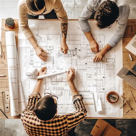 Architects Discussing Construction Plans And Measuring Blueprints Premium Ai Generated Image