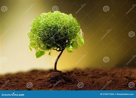 A Small Tree With Green Leaves Growing Out Of The Ground In Dirt Area With A Yellow Background
